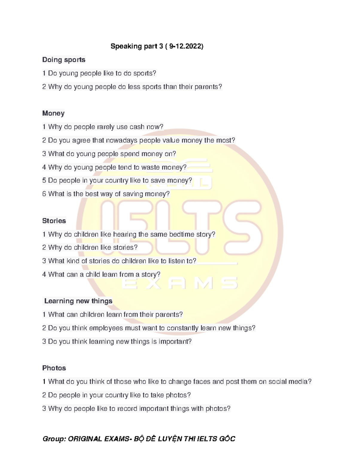 Speaking Part 3 - Useful Topics for IELTS Preparation - Studocu