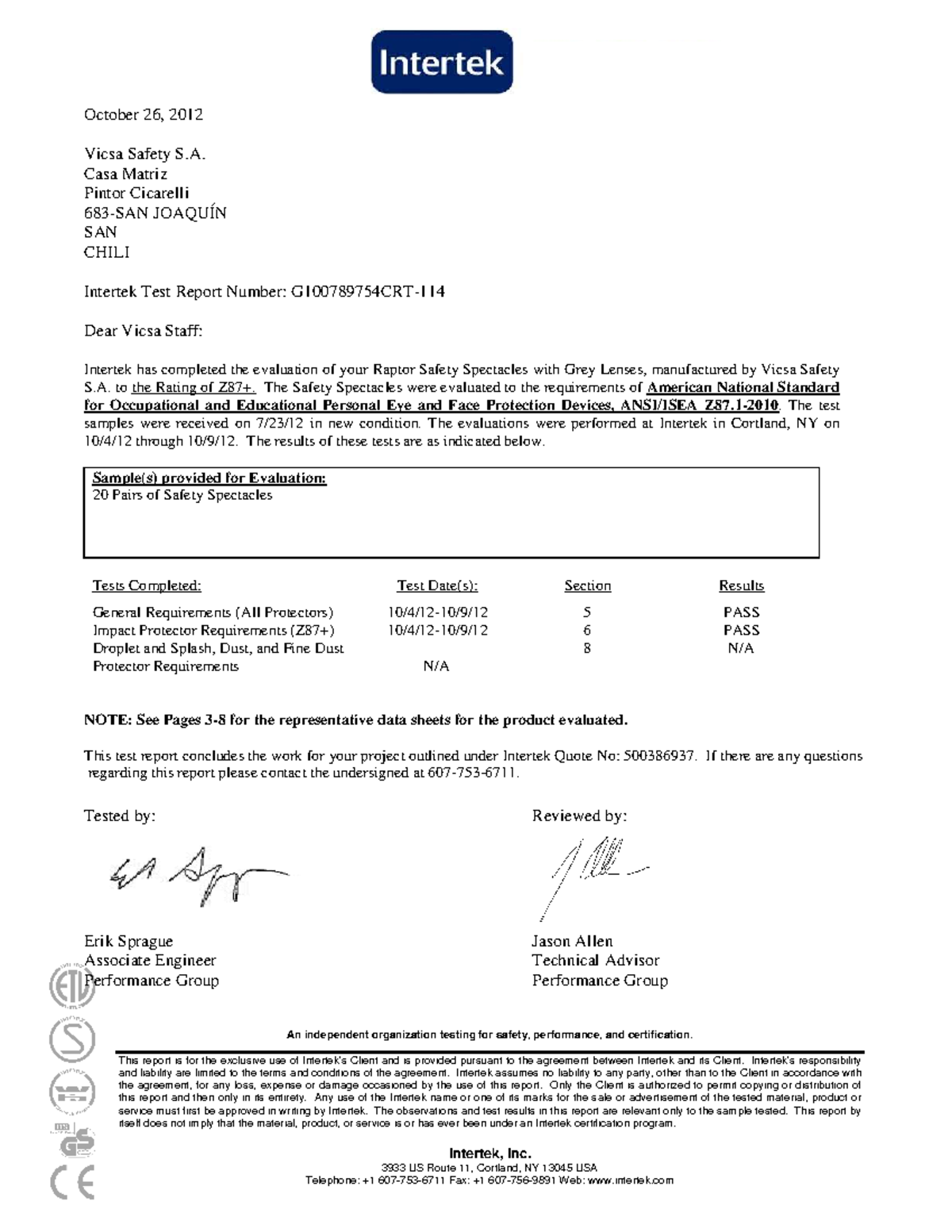 Intertek Test Report for Raptor Safety Spectacles (G100789754CRT) - Studocu