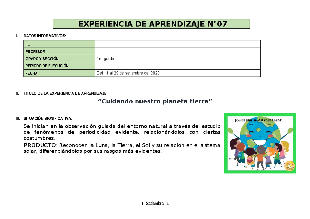 1° Grado - Experiencia DE Aprendizaje N°07 - EXPERIENCIA DE APRENDIZAJE N° I. DATOS INFORMATIVOS ...