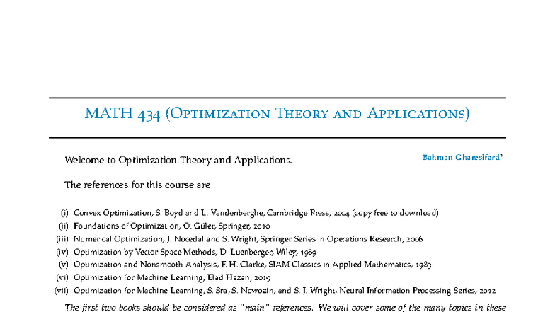 MATH 434 Syllabus: Optimization Theory & Applications Outline - Studocu