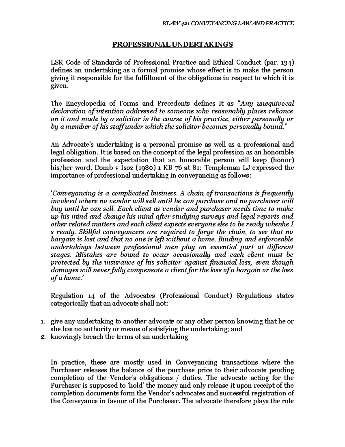 KLAW 421 Conveyancing Law: Understanding Professional Undertakings - Studocu
