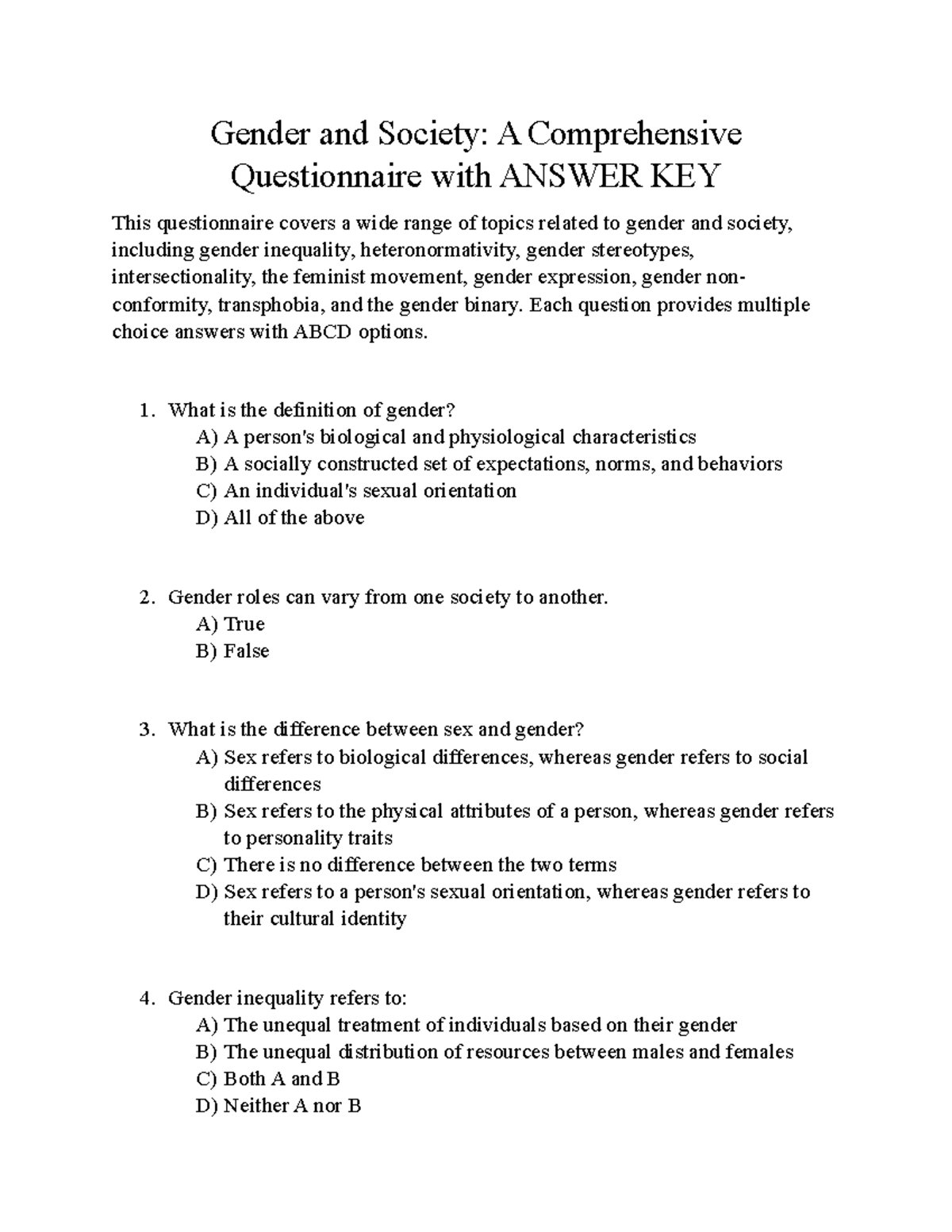 Gender and Society: Final Exam Questionnaire with Answer Key - Studocu