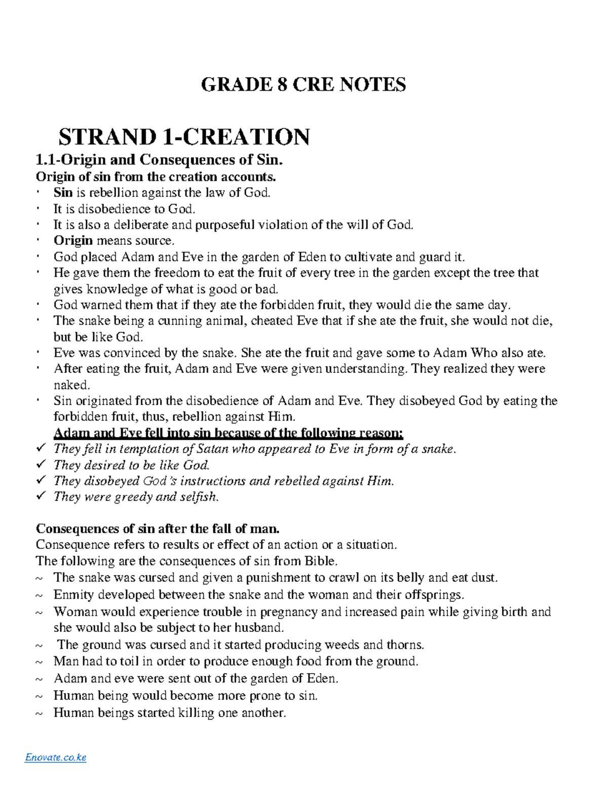GRADE 8 CRE NOTES: Consequences of Sin and God's Redemption Plan - Studocu