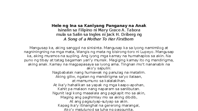 Hele ng Ina sa Kaniyang Panganay na Anak: Pagsusuri at Gawain - Studocu