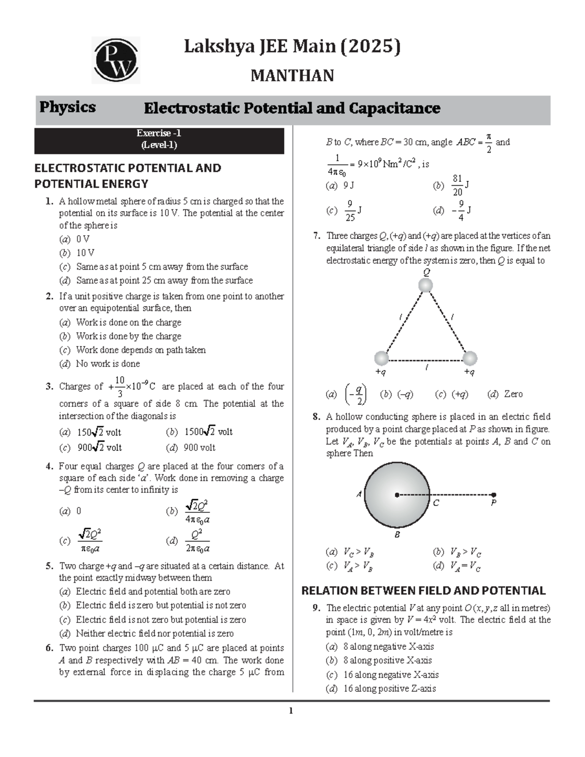 Electrostatic Potential and Capacitance JEE Main & Advanced Practice ...