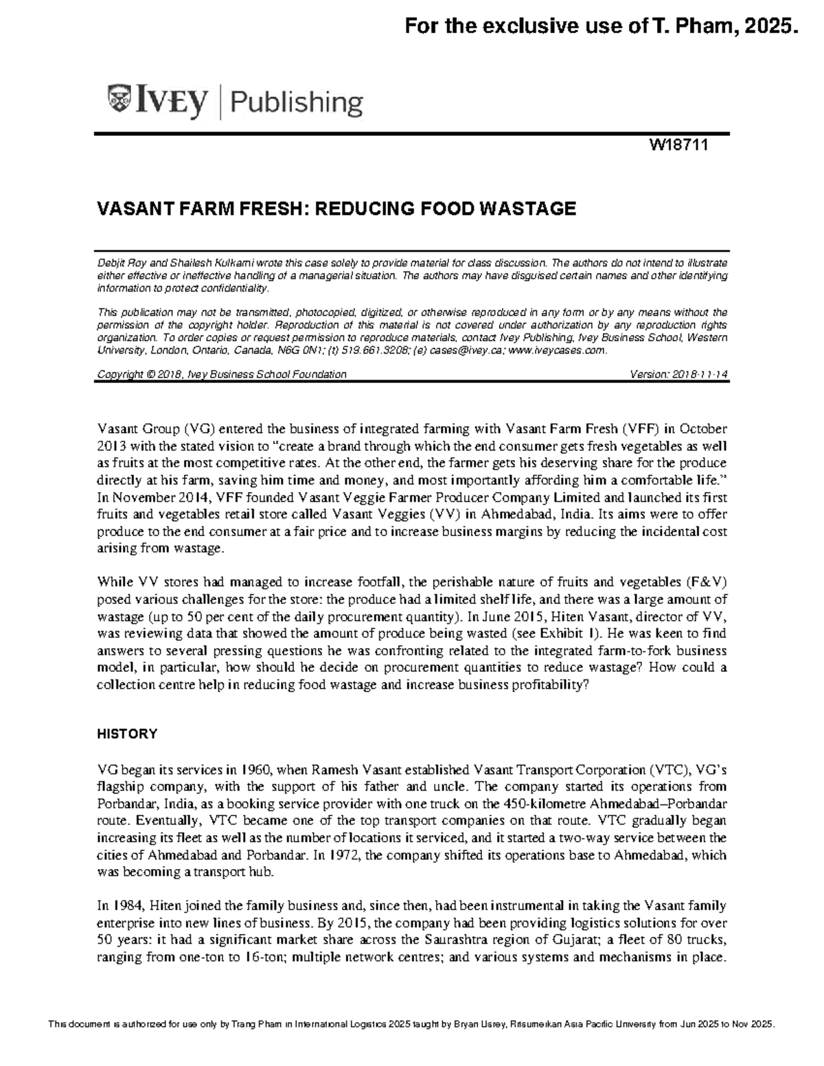 W18711 Vasant Farm Fresh Case Study: Strategies to Reduce Food Wastage ...