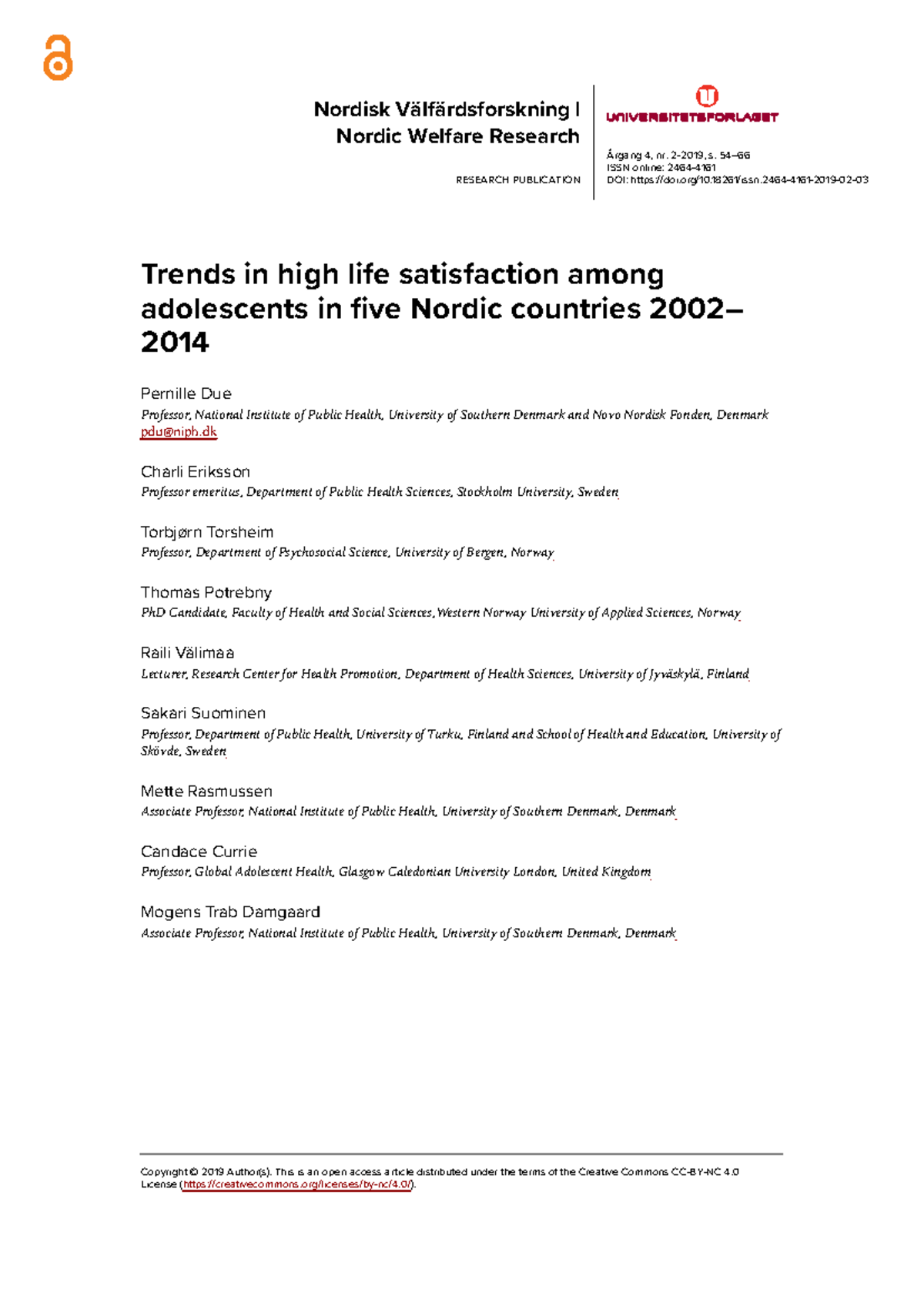 Trends in High Life Satisfaction Among Nordic Adolescents (2002-2014 ...