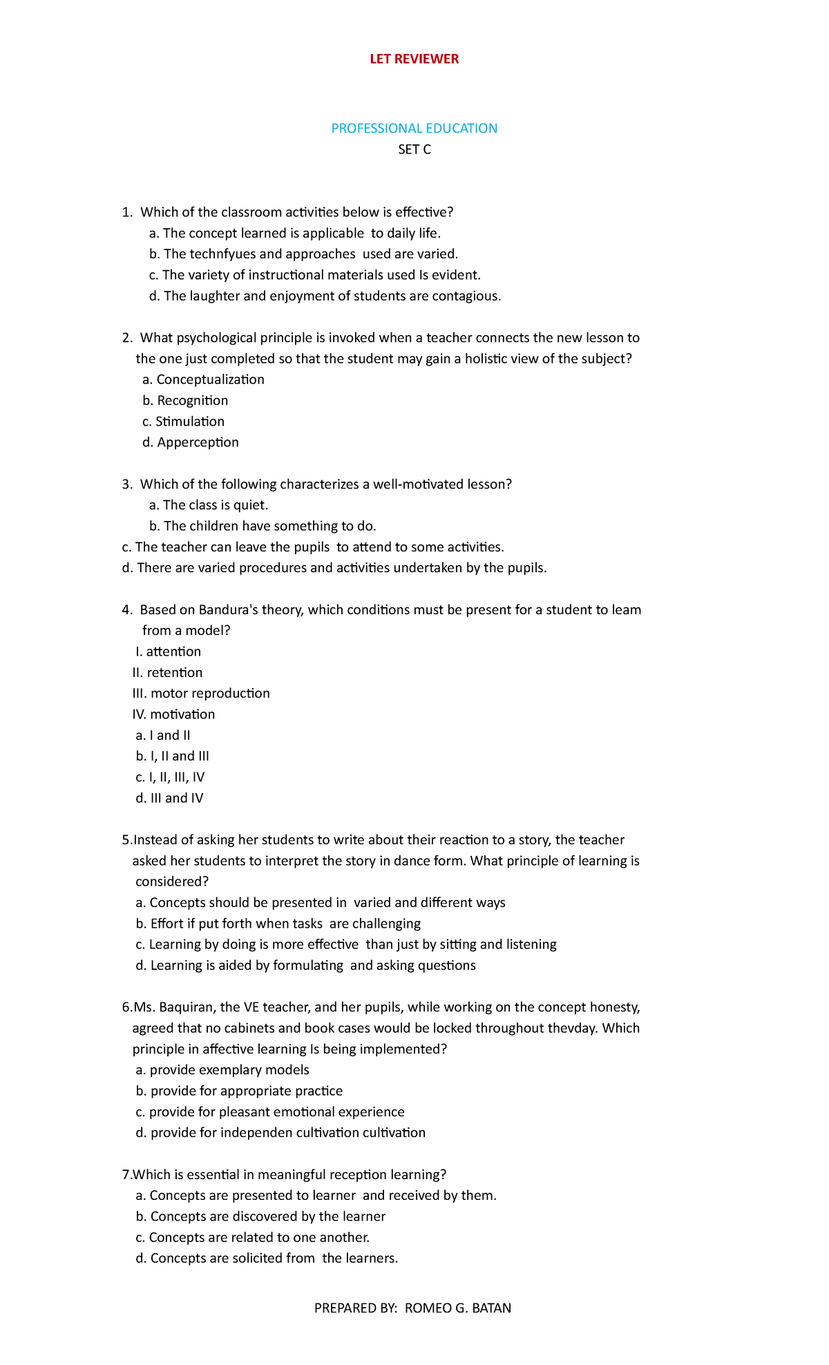 Pdfcoffee - Argument - PROFESSIONAL EDUCATION SET C Which of the classroom activities below is ...