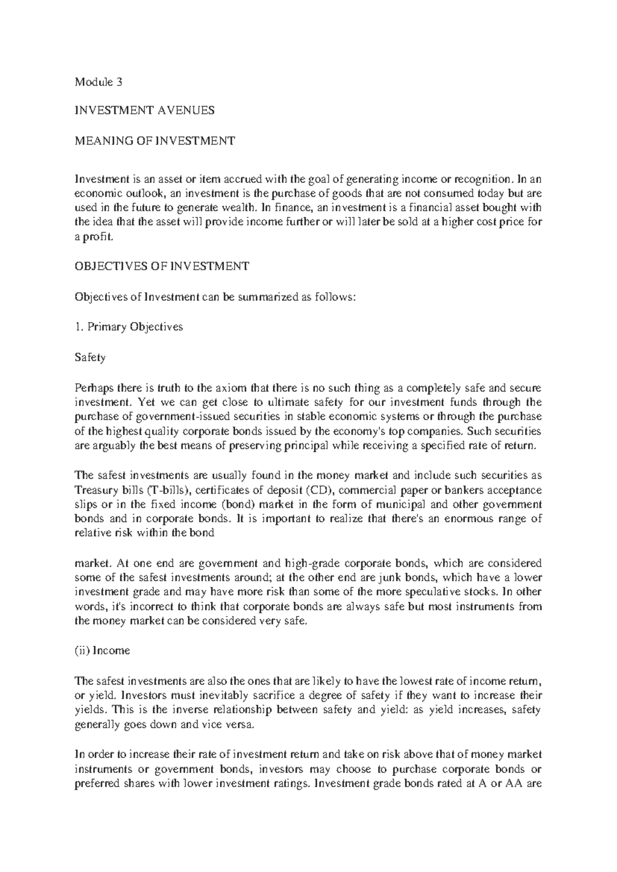 Module 3: Key Investment Avenues and Strategies for Success - Studocu