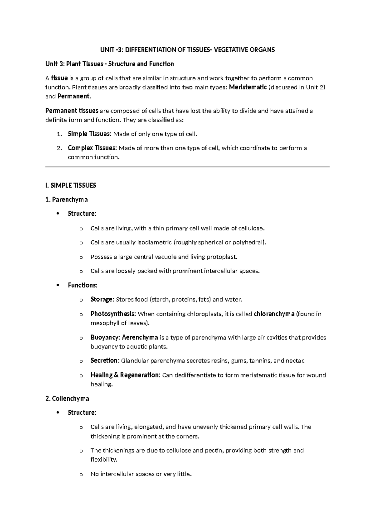 UNIT 3: Differentiation of Plant Tissues and Organs - Studocu