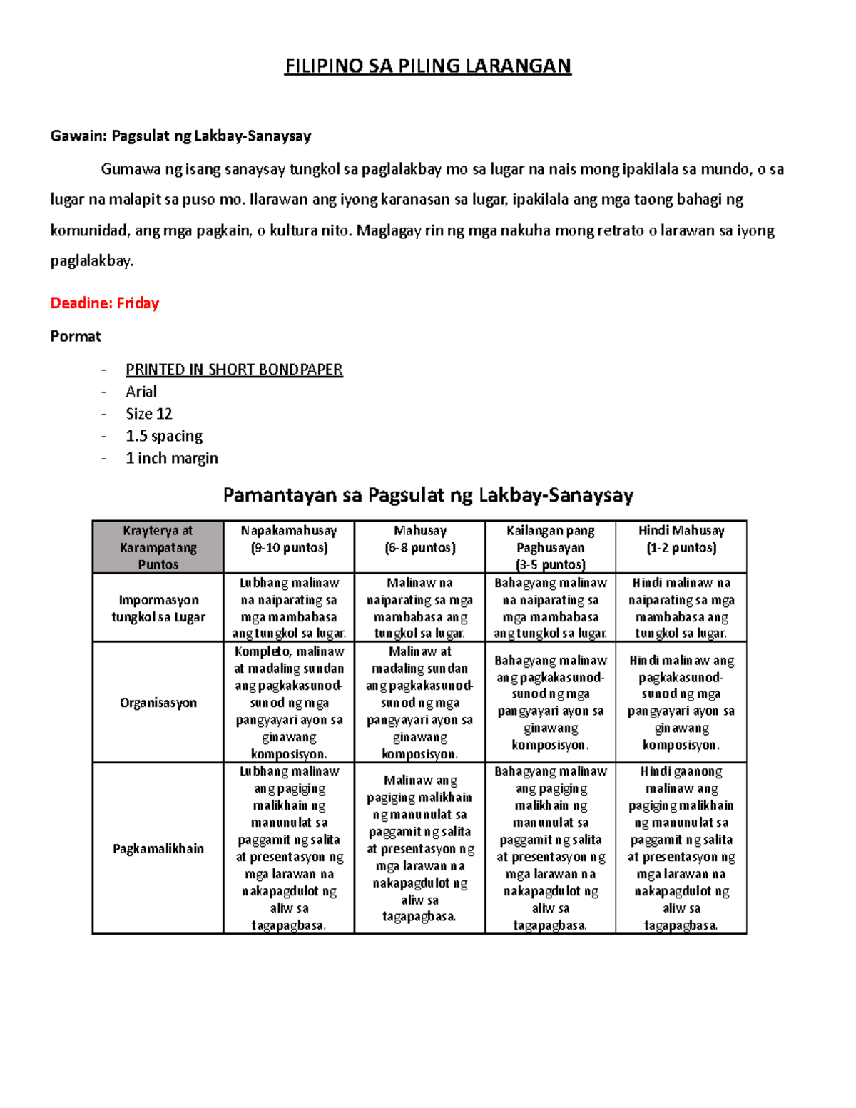 Pamantayan sa Pagsulat ng Lakbay - FILIPINO SA PILING LARANGAN Gawain ...