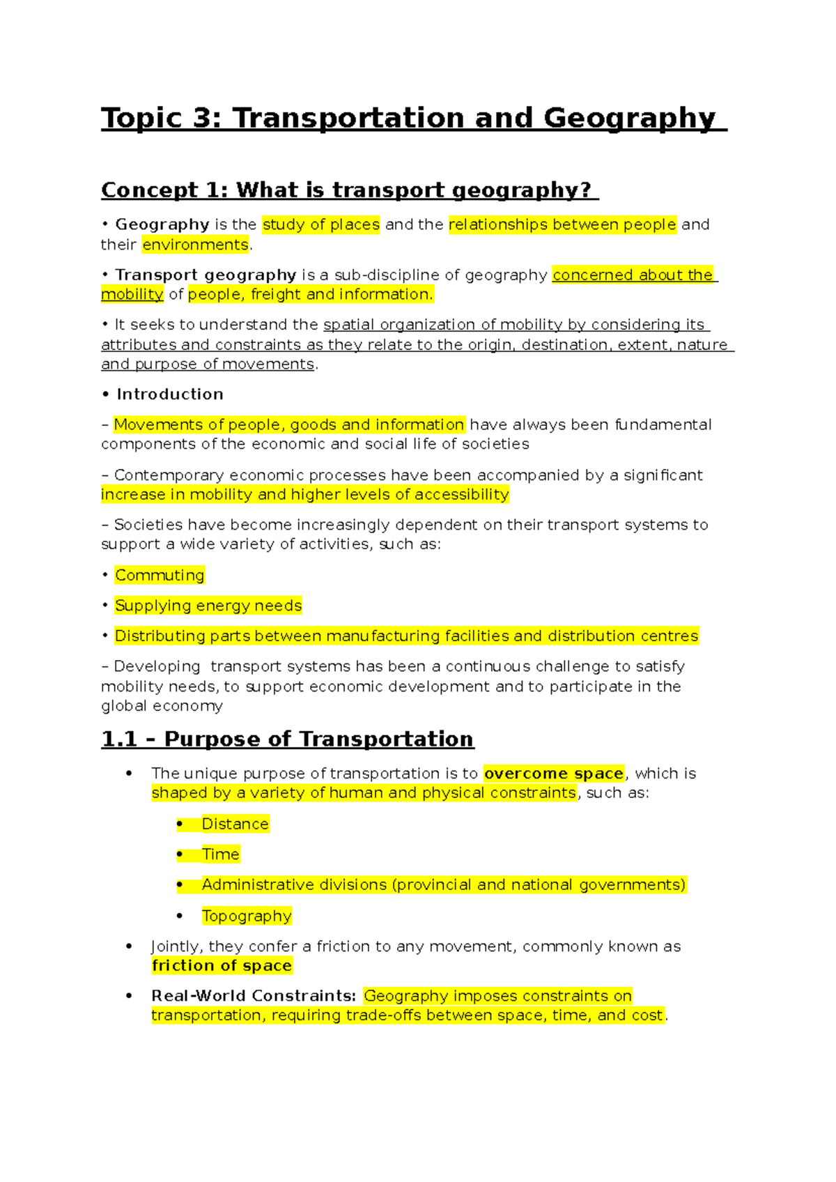 Transportation and Geography: Key Concepts and Principles (Topic 3 ...