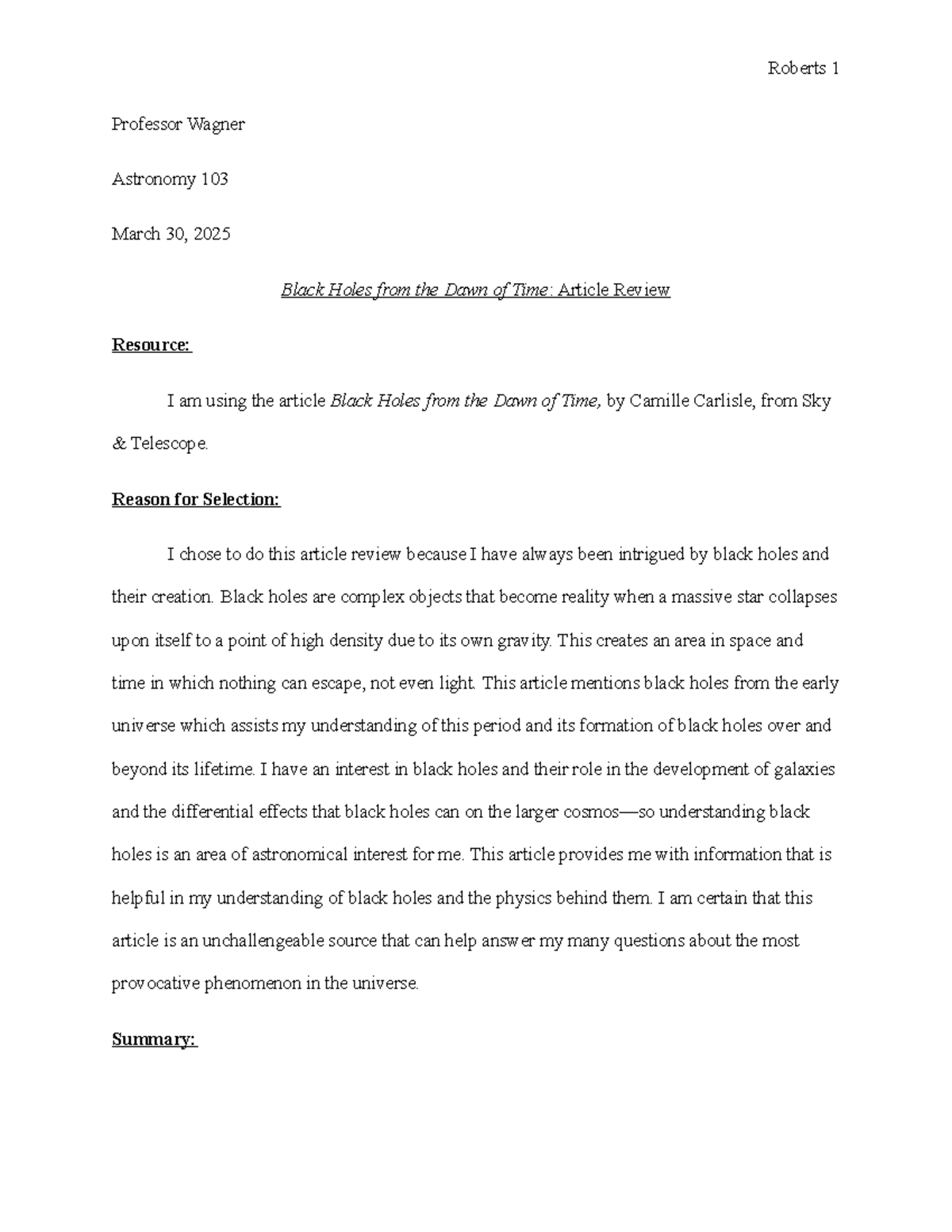 Astronomy 103: Article Review on Black Holes from the Dawn of Time ...