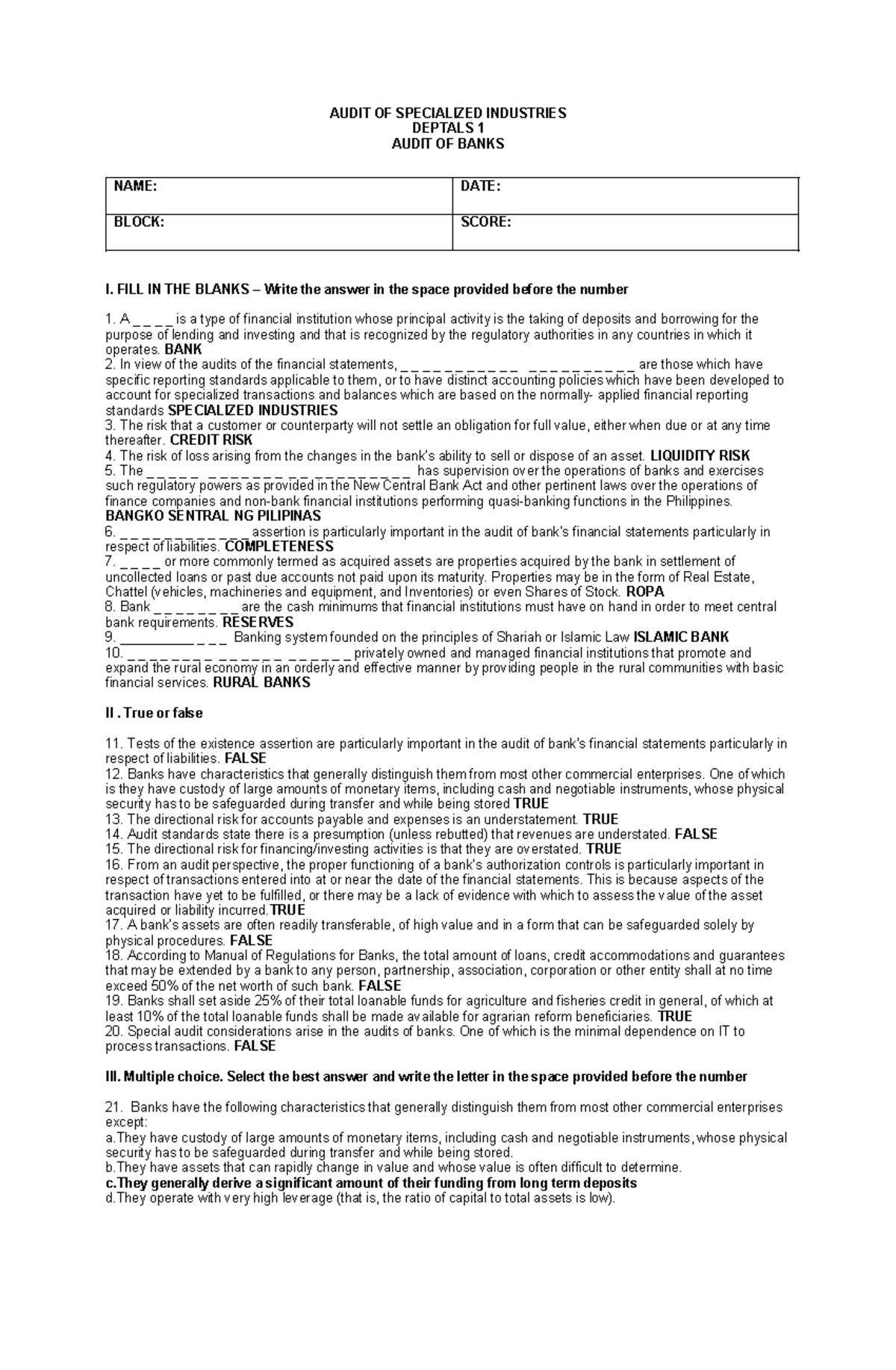 ASI- Deptals-1: Auditing Banks - Study Guide with Answers - Studocu