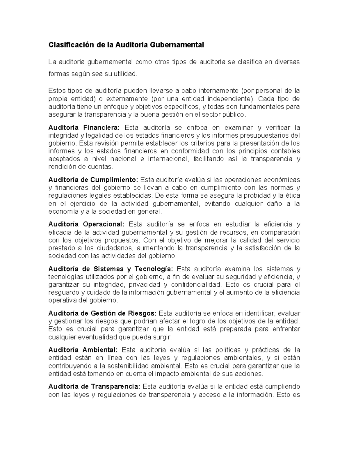 Clasificación de la Auditoría Gubernamental: Tipos y Funciones - Studocu