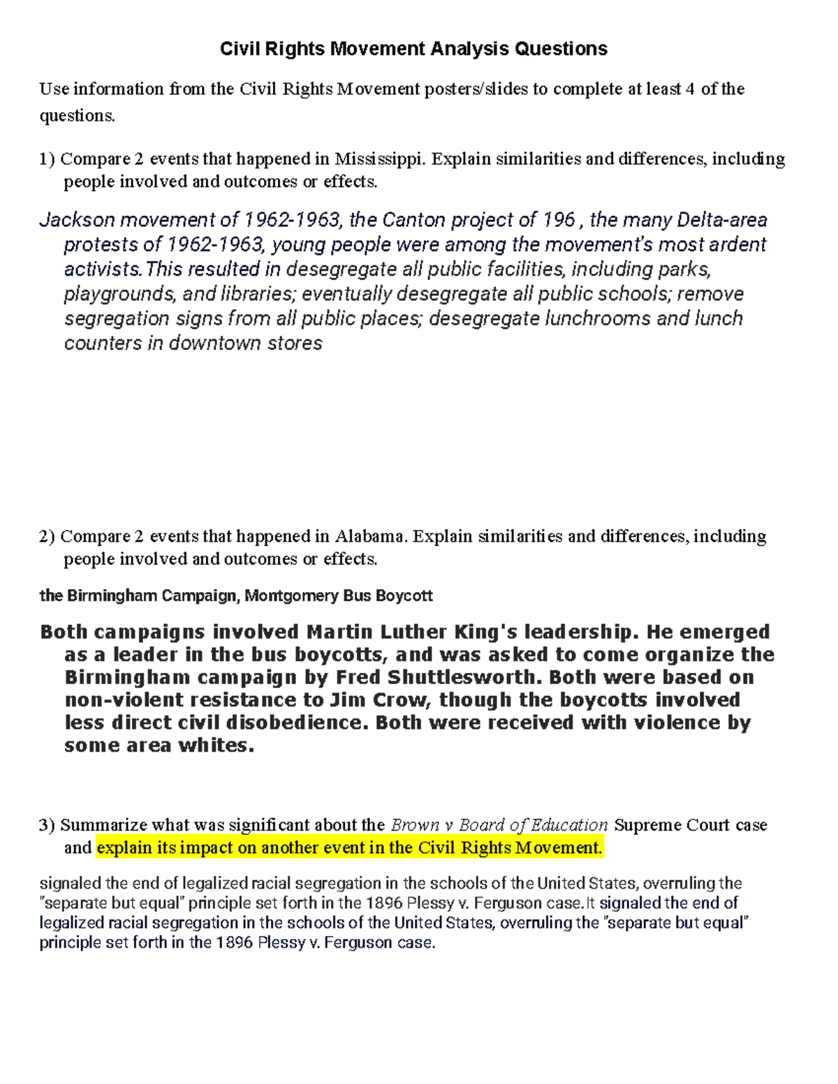 Civil Rights Movement Analysis Questions B: Key Events Comparison - Studocu