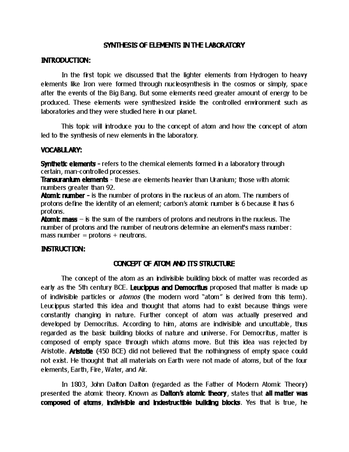 Synthesis of Elements: Laboratory Processes and Atomic Theory Concepts ...