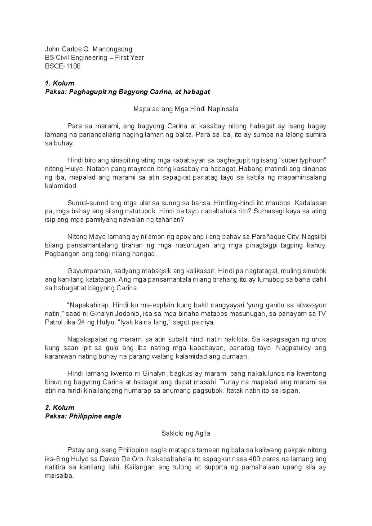 Sample Kolum ng mga Artikulo: Paghagupit, Agila, at Microplastics (BSCE ...