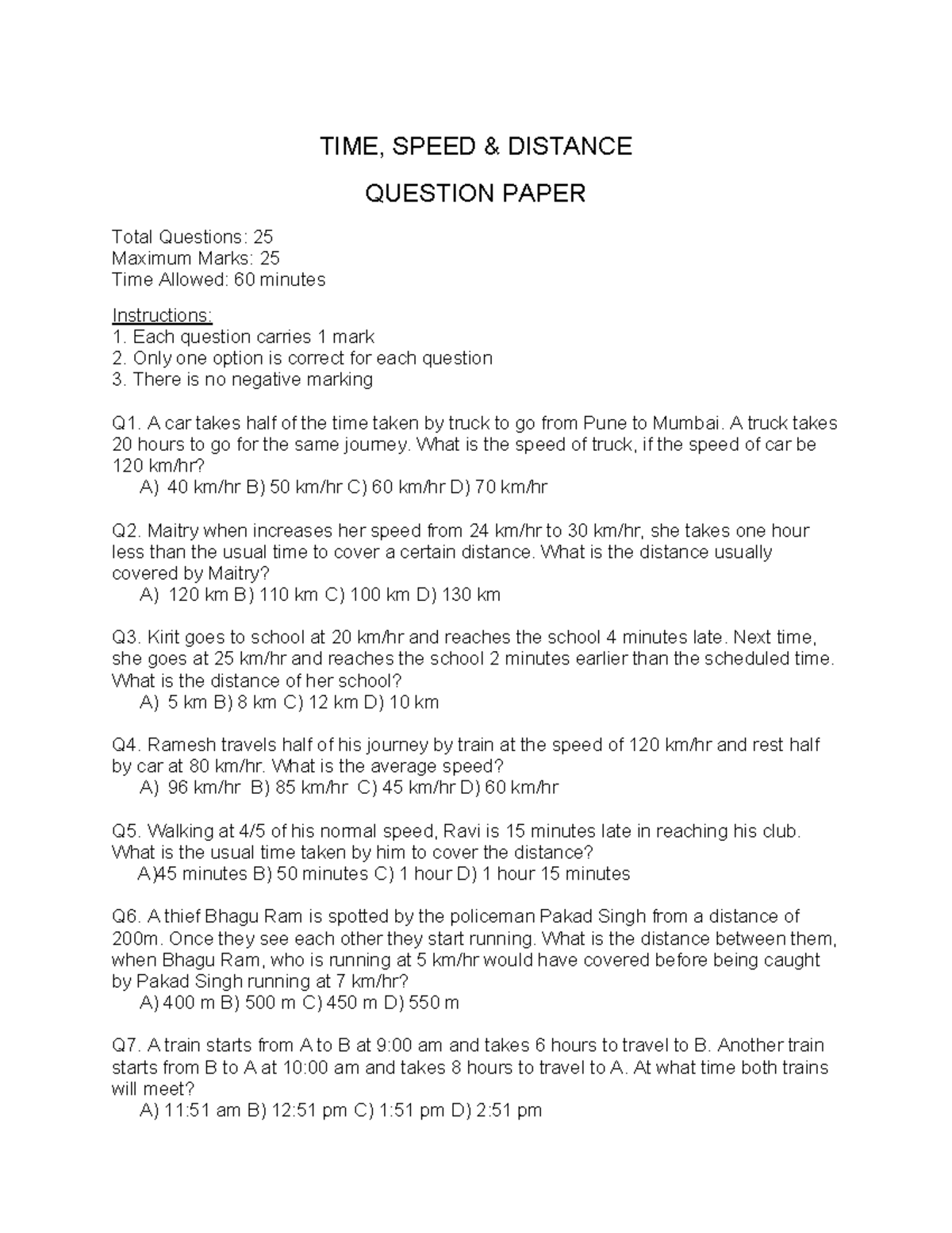 Time Speed Distance MCQ Paper (TSD 101) - 25 Questions - Studocu