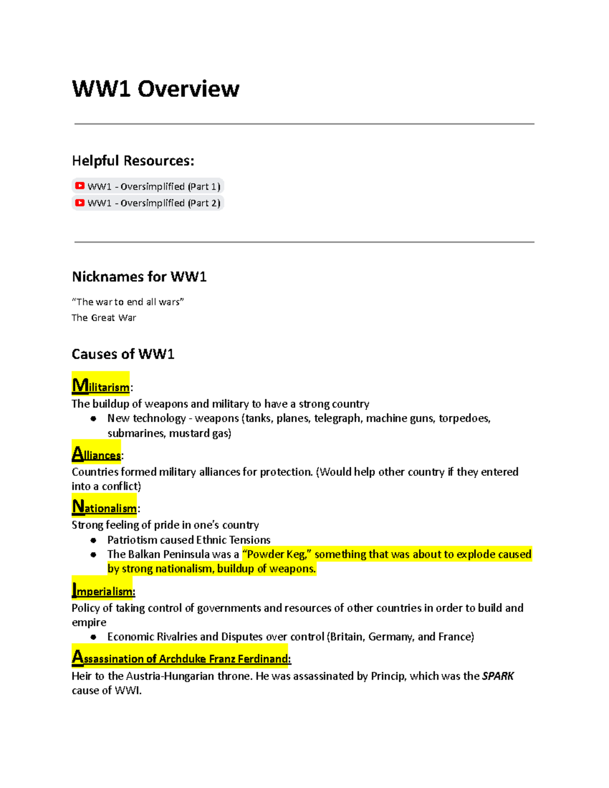 WW1 Overview and Causes: A Comprehensive Study Guide (Course Code ...