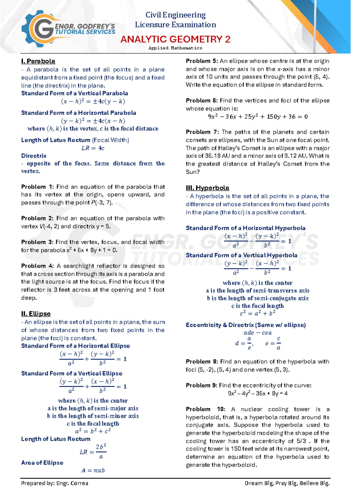 Civil Engineering Licensure Exam: Analytic Geometry 2 Overview - Studocu