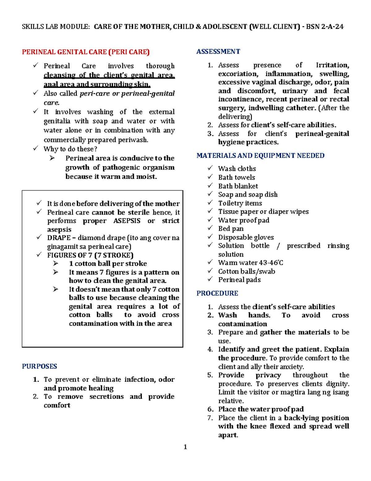 BSN 2-A: Perineal and Genital Care Skills Lab Notes - Studocu
