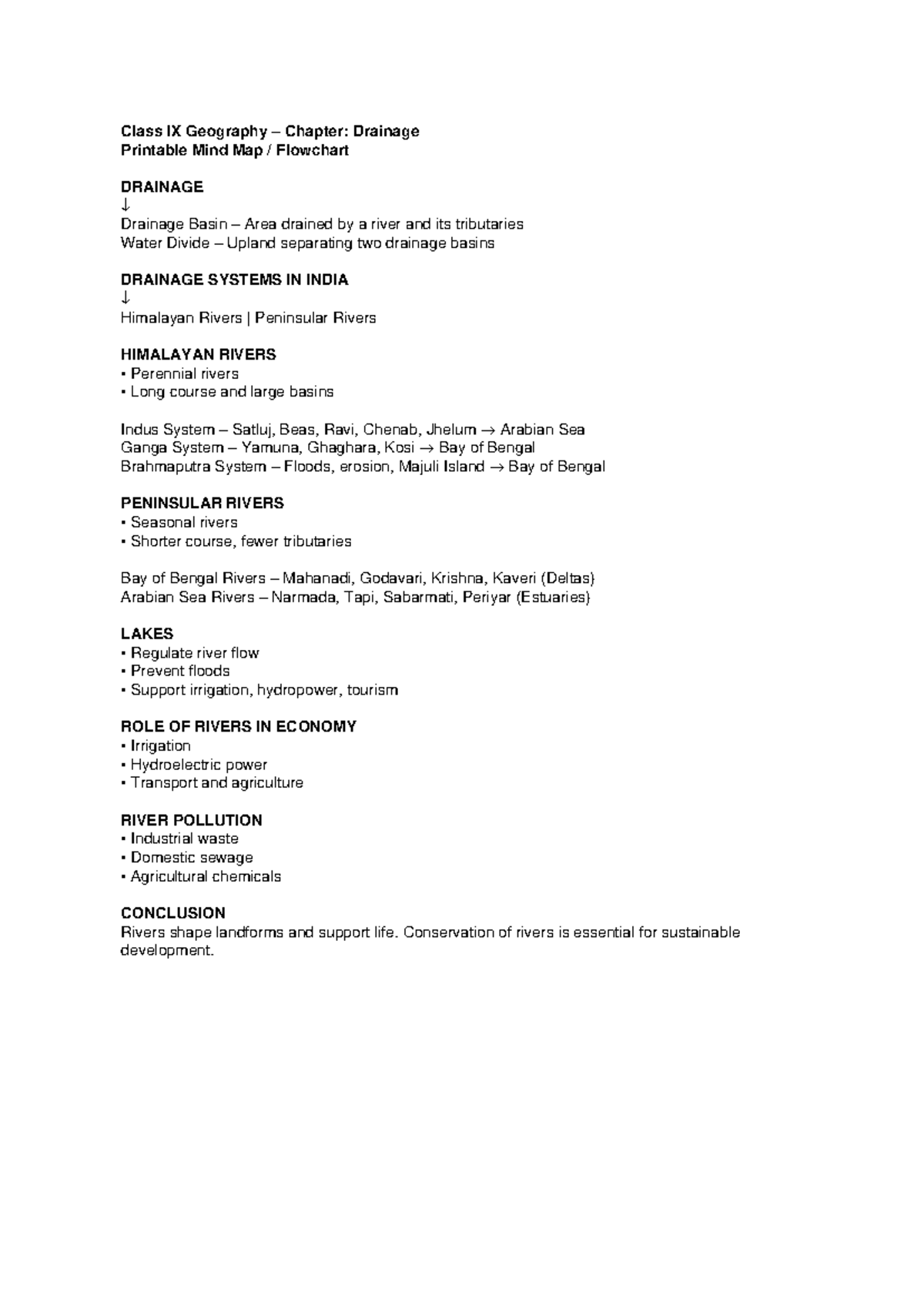 Class IX Geography Chapter: Drainage Mind Map & Flowchart - Studocu