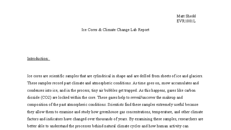 EVR1001L - Ice Cores & Climate Change Lab Report Analysis - Studocu