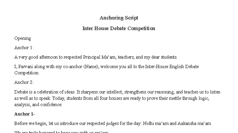 Inter House Debate Competition Anchoring Script for Classes 6-9 - Studocu