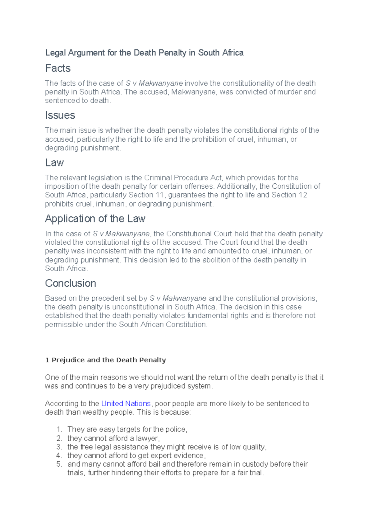 Legal Argument for the Unconstitutionality of Death Penalty in SA - Studocu