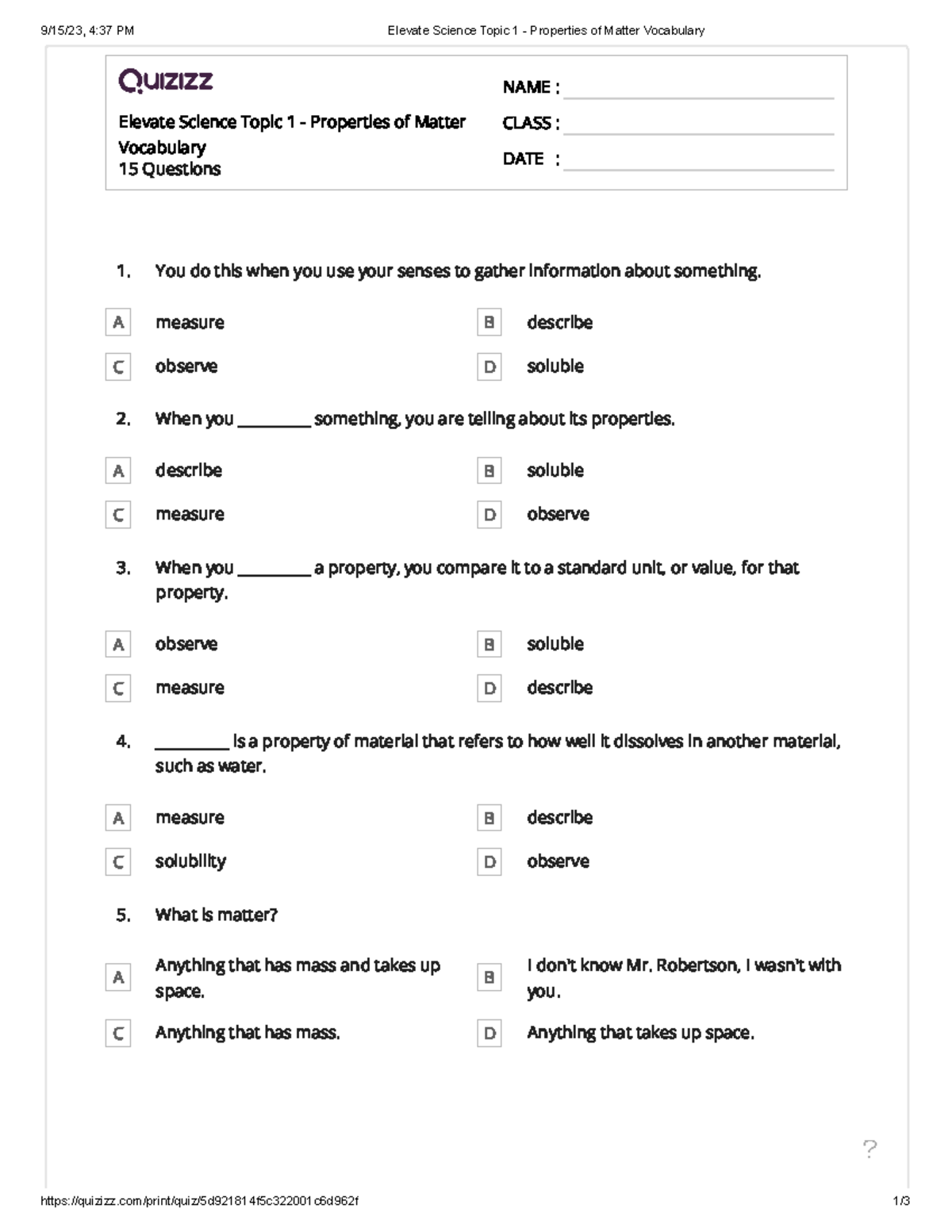 Elevate Science 1: Vocabulary on Properties of Matter Quiz - Studocu