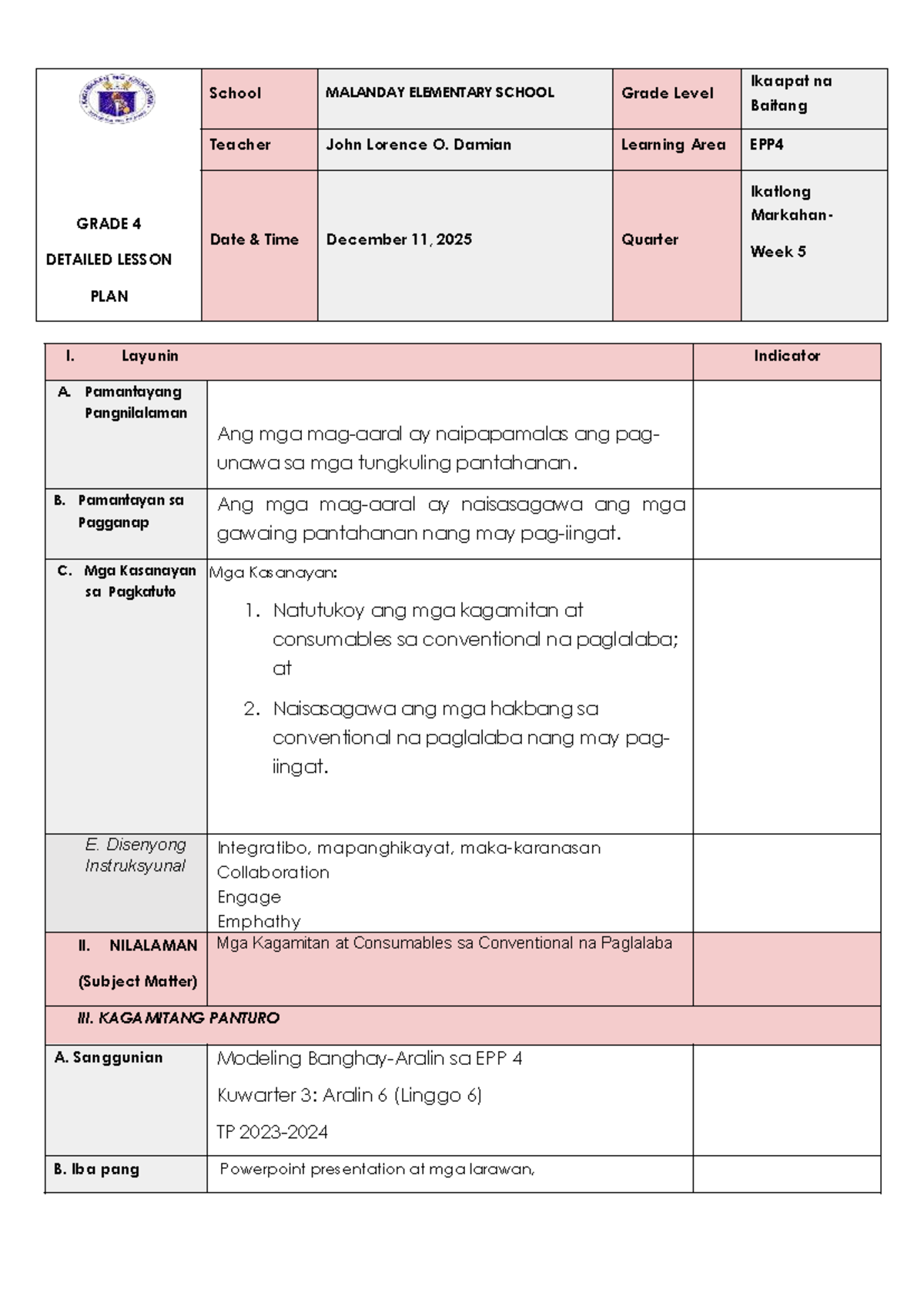 EPP4 Grade 4 Detailed Lesson Plan: Mga Kagamitan sa Paglalaba - Studocu