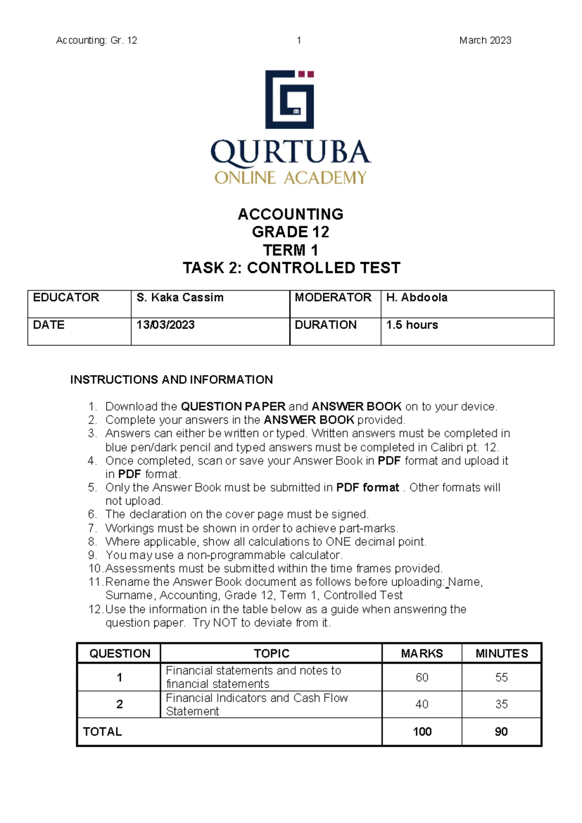 Gr 12 Acc P2 June 2025 Examination Paper with Instructions and ...