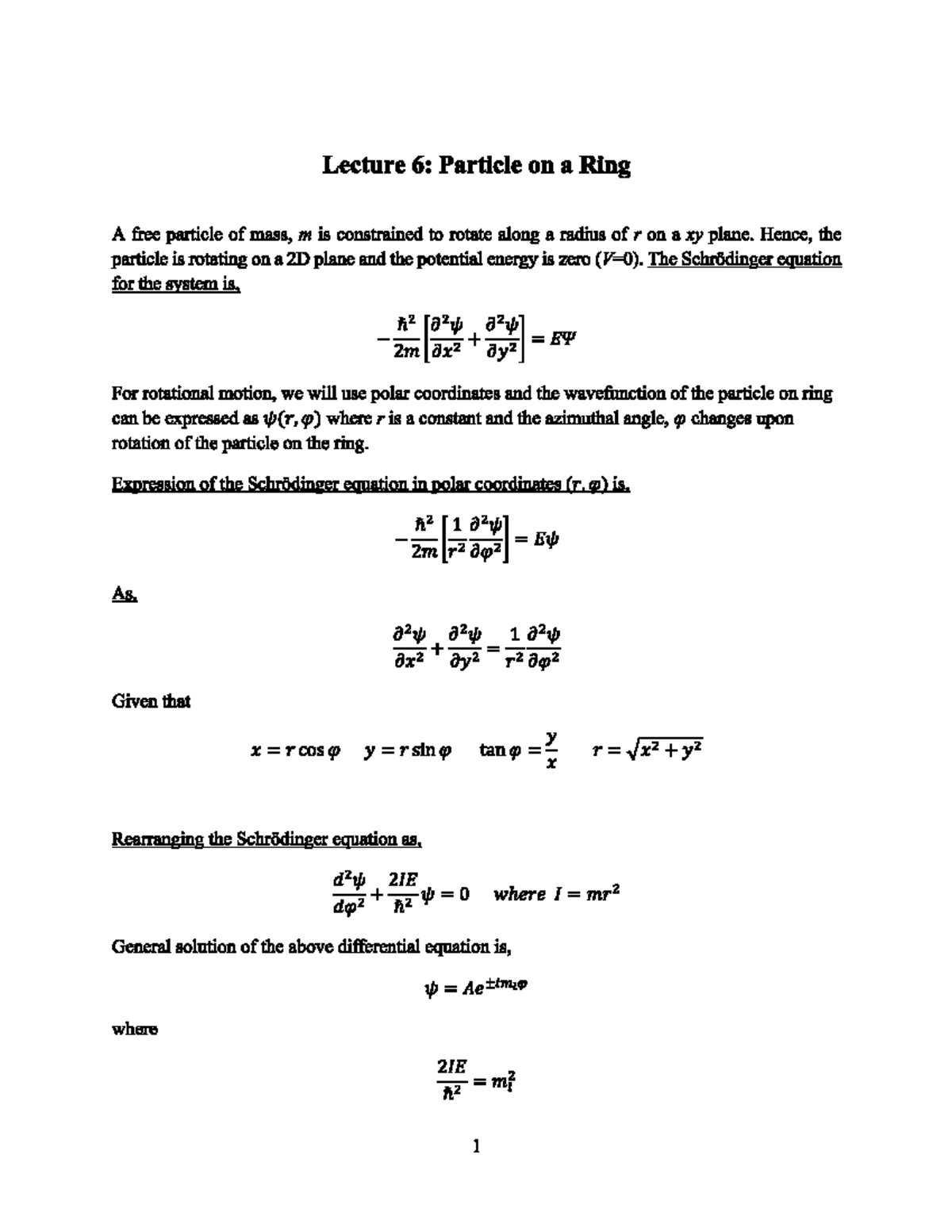 Lecture 6: Particle on a Ring - Quantum Mechanics Insights - Studocu
