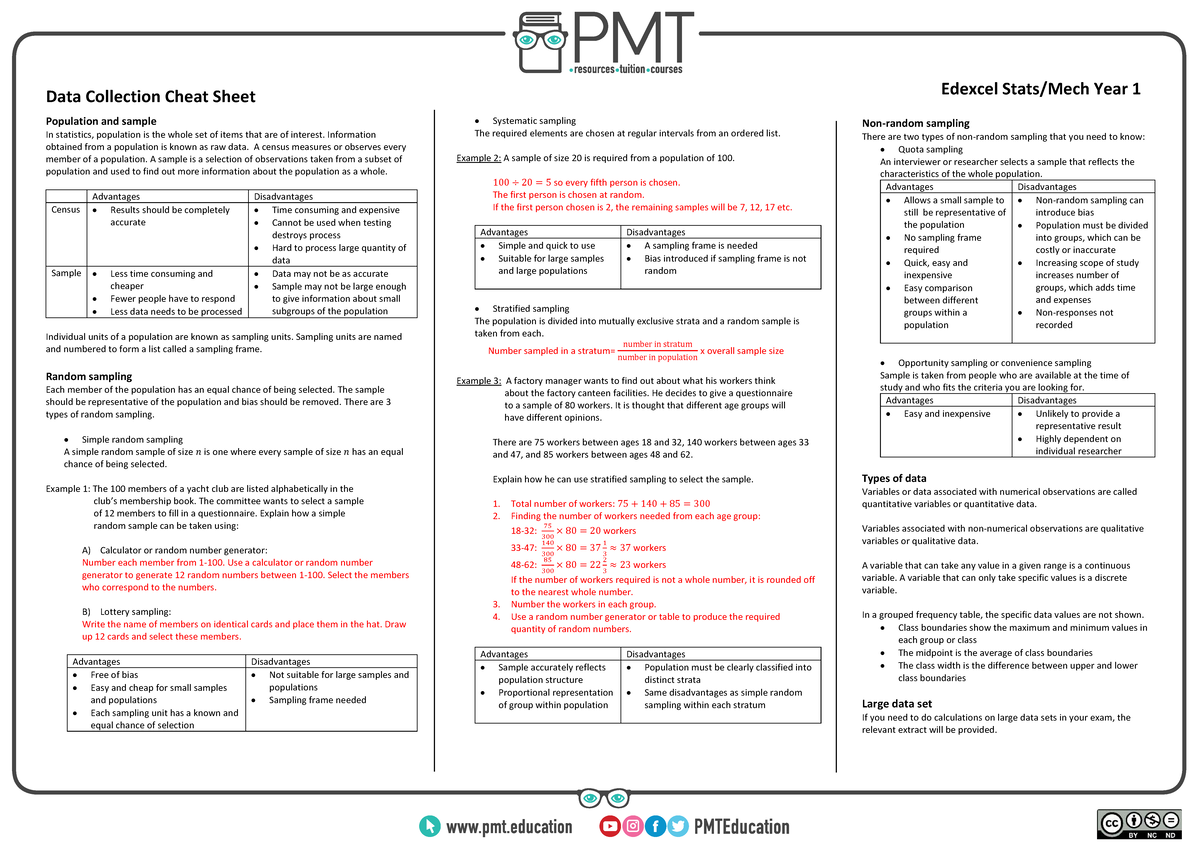 Ch.1 Data Collection Cheat Sheet for Edexcel Year 1 Statistics - Studocu