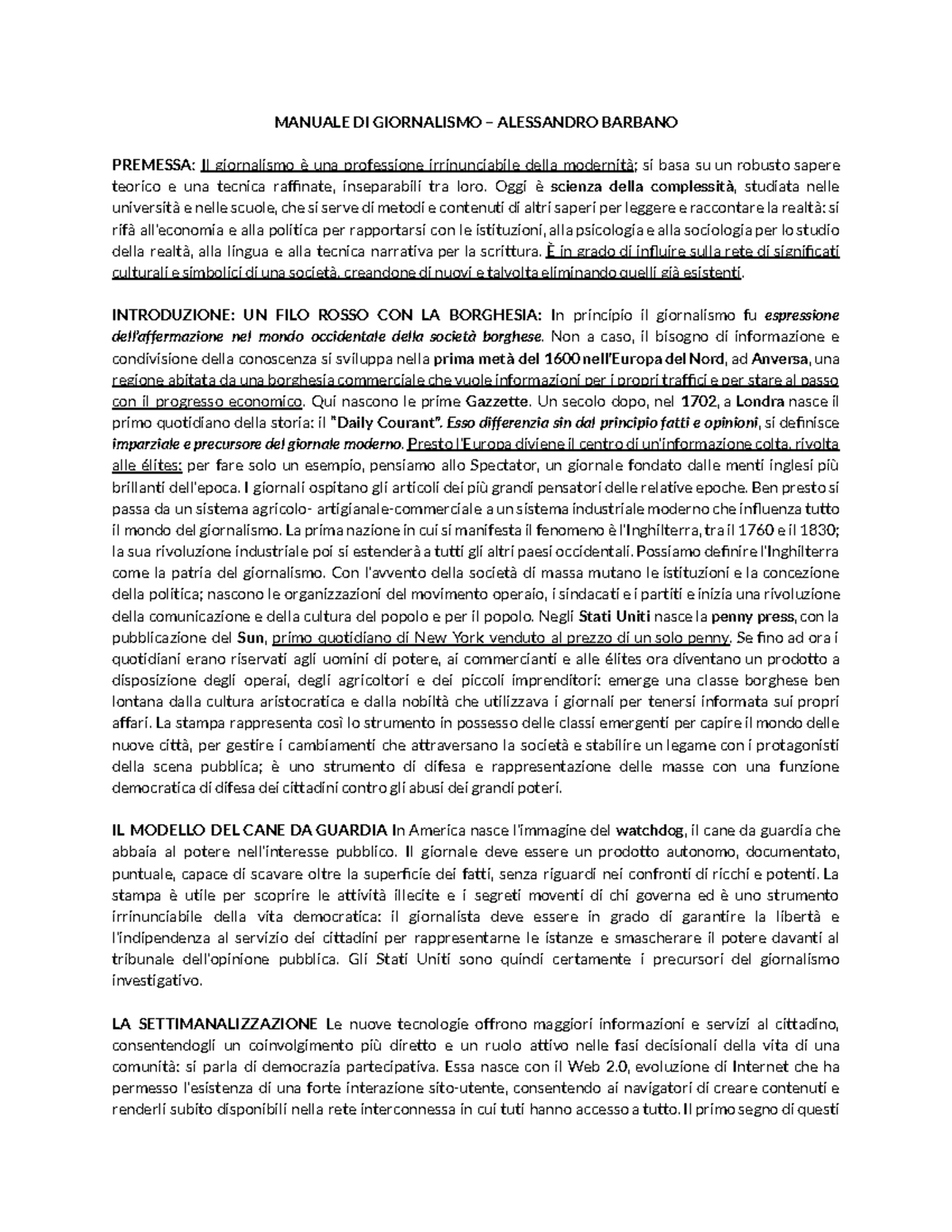 Riassunto del Manuale di Giornalismo (Corso: GIOR 101) - Studocu