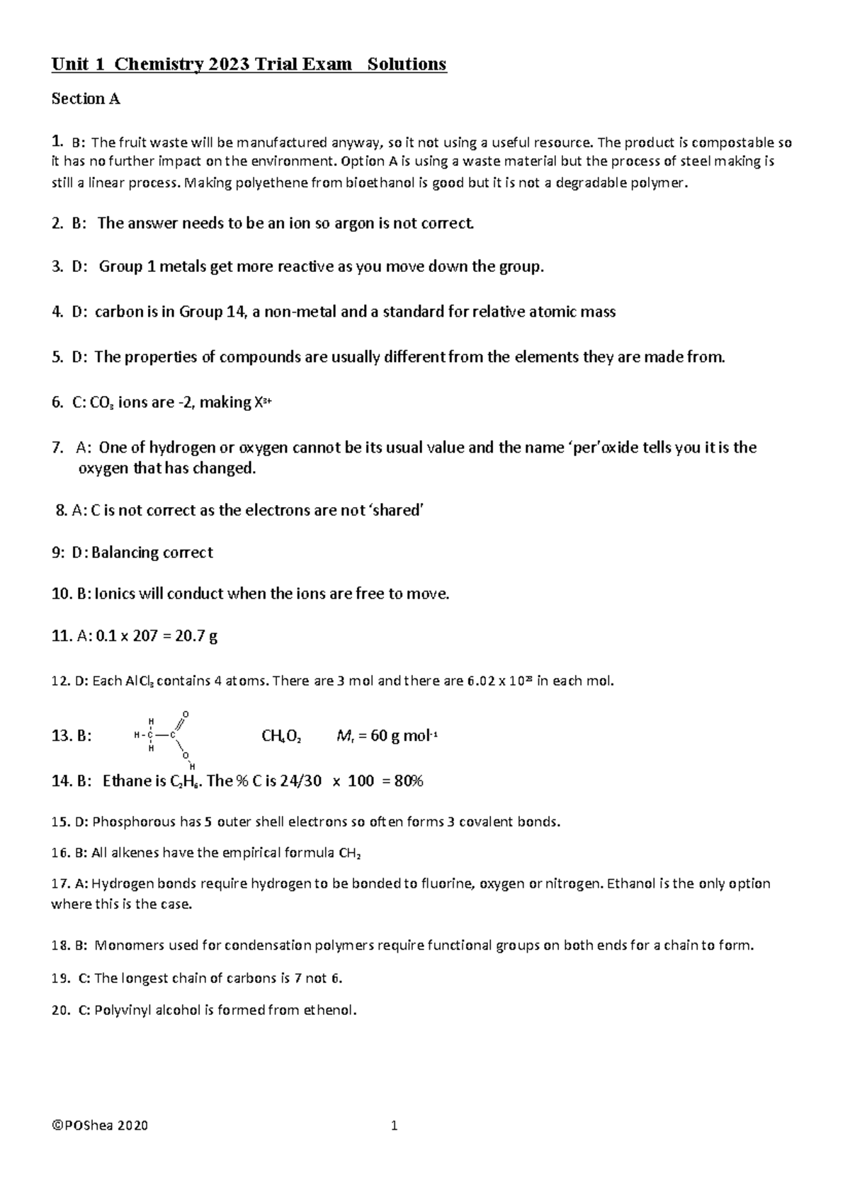 Unit 1 Chemistry 2023 Trial Exam Solutions: Detailed Answers and ...