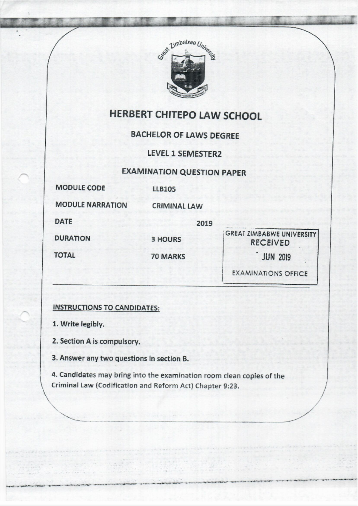 Criminal Law Examination Paper LLB105 - June 2019 - Studocu