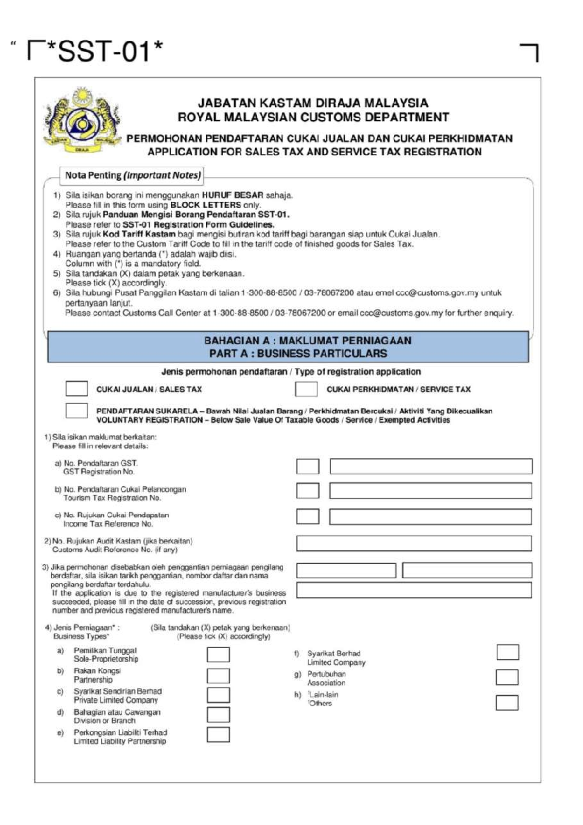 SST-01 & SST-02 - Permohonan Pendaftaran Cukai Jualan dan Perkhidmatan ...