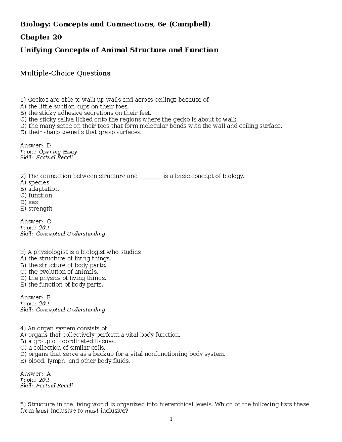 CC6 20 Test Bank - Unifying Concepts of Animal Structure & Function ...