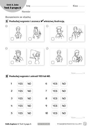 English adventure 3 unit test 5 - 0 – 3 4 – 67 – 10 52 Photocopiable ...