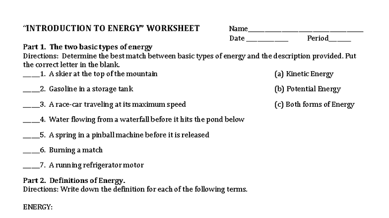 Intro to Energy Worksheet: Types & Definitions - Studocu