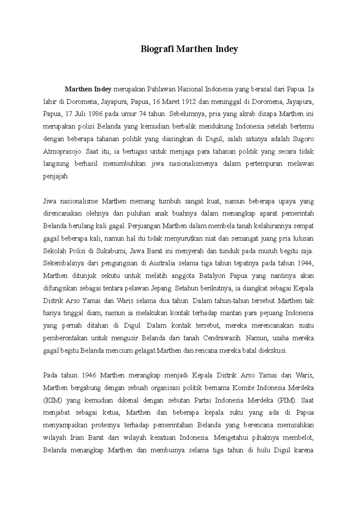 Biografi Pahlawan Nasional Marthen Indey: Perjuangan di Papua - Studocu