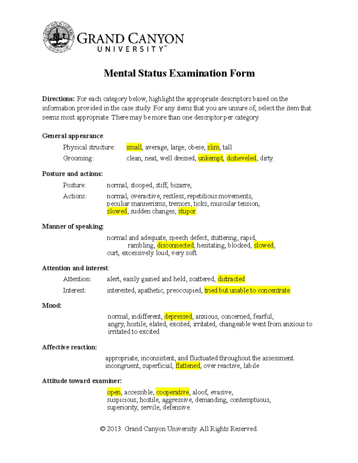 PCN255 Mental Status Exam Form: Guidelines and Categories for ...