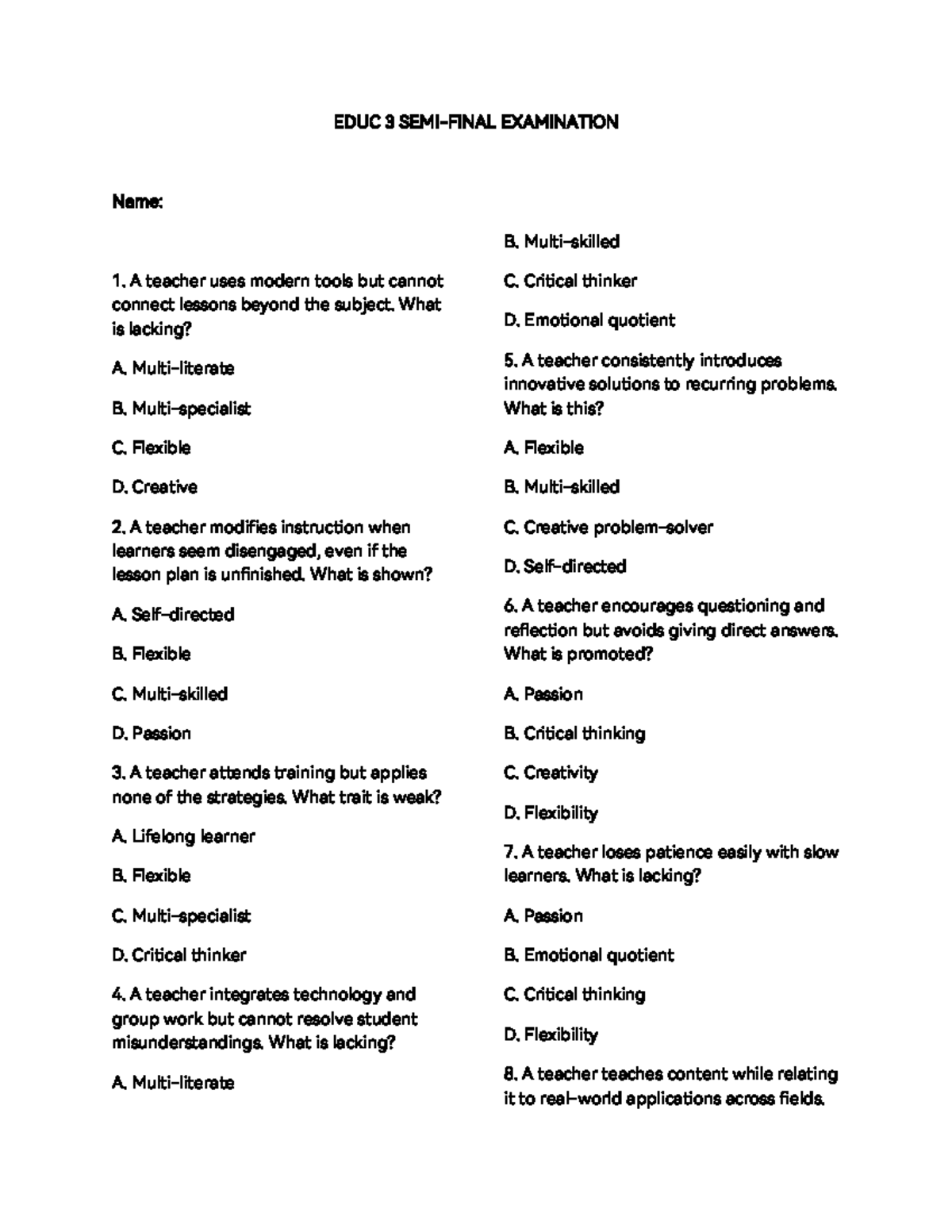 EDUC 3 SEMI-Final Exam: Teacher Strategies & Digital Literacy - Studocu