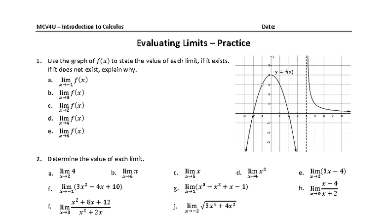 MCV4U – Evaluating Limits Practice Worksheet - Studocu