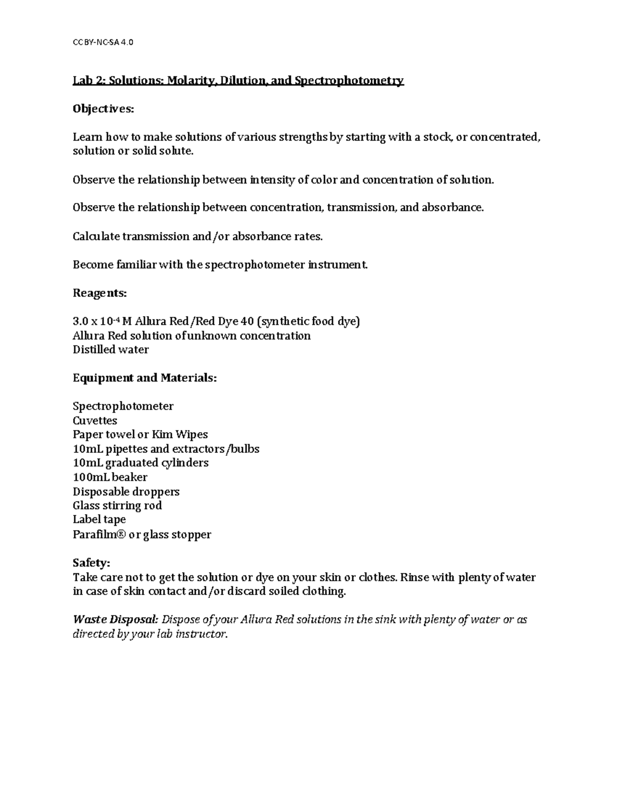 CC 4.0 Lab 2: Molarity, Dilution & Spectrophotometry Techniques - Studocu