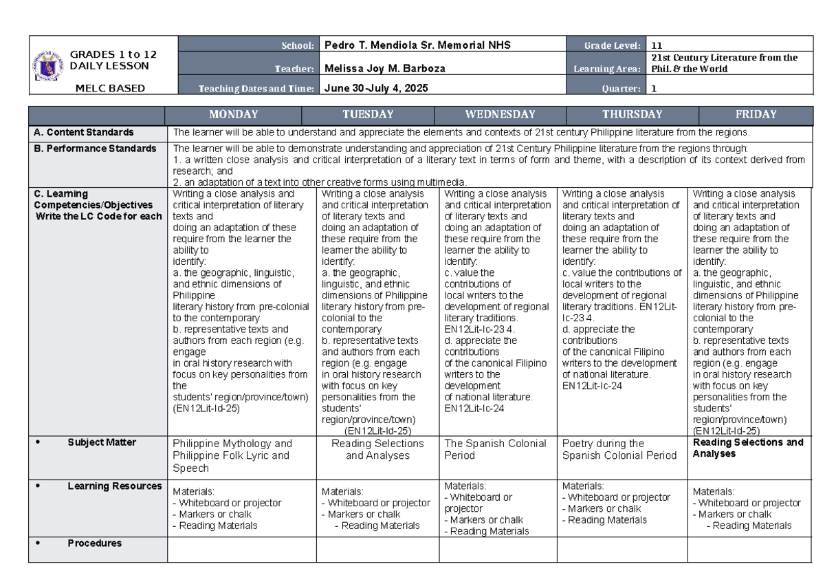 EN12Lit: Weekly Lesson Plan for 21st Century Philippine Literature ...