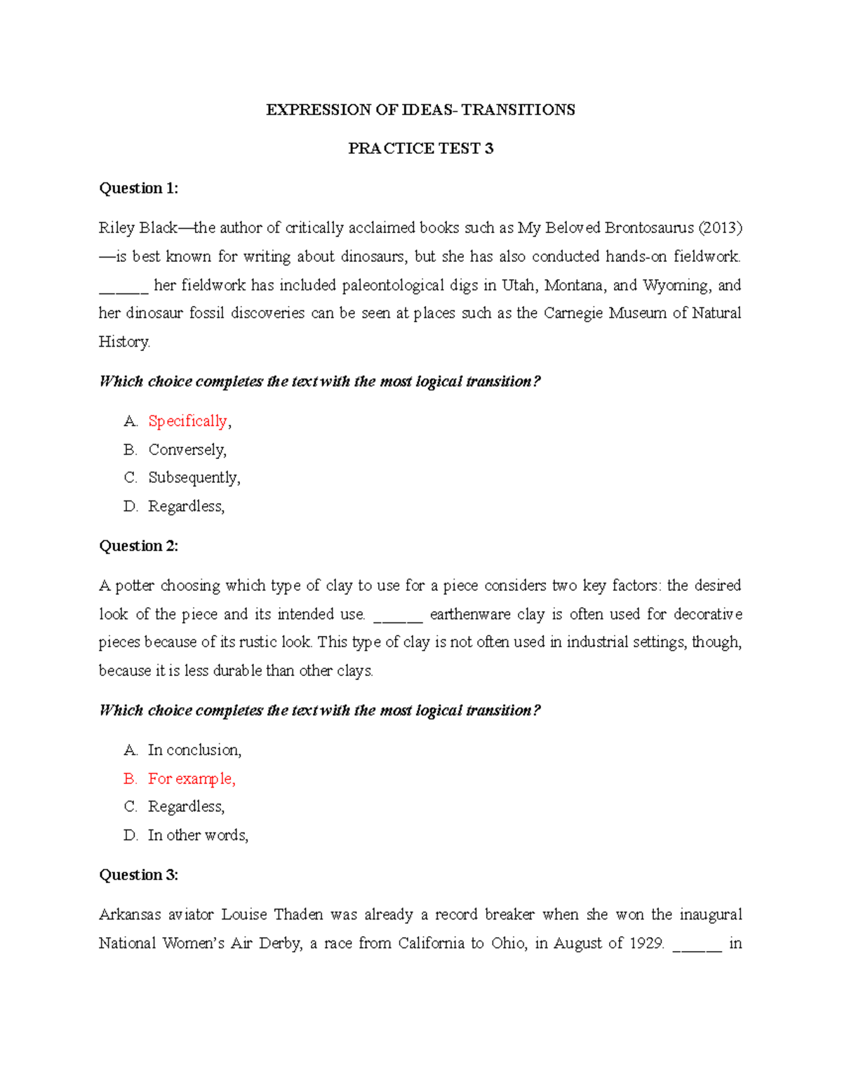 Transition 3 - SAT Practice Test on Logical Transitions - Studocu