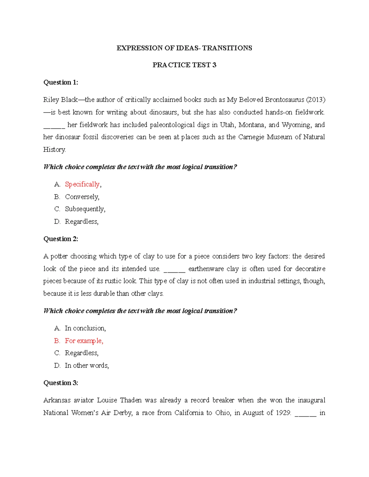 Transition 2 - SAT Practice Questions on Logical Transitions - Studocu